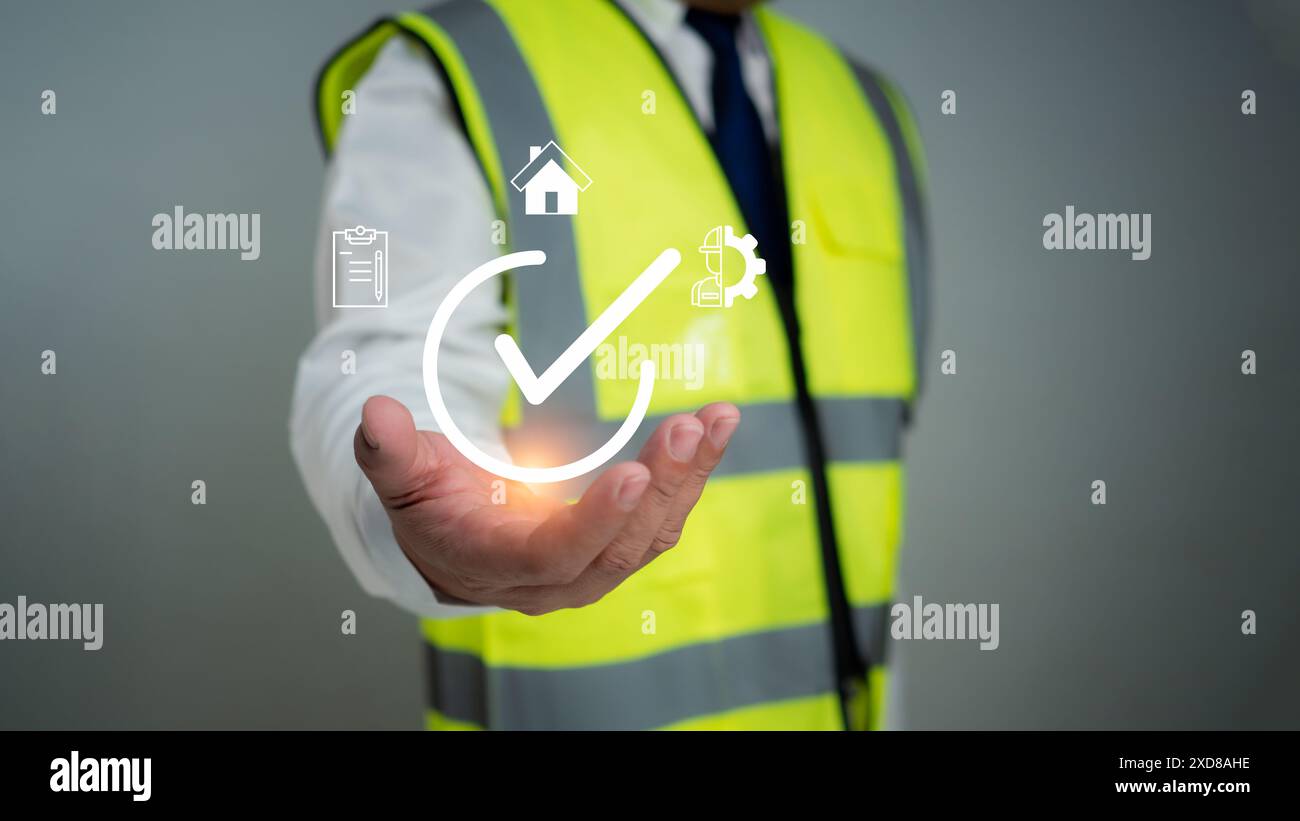 Engineer showing symbol checking the list of documents and approving ...