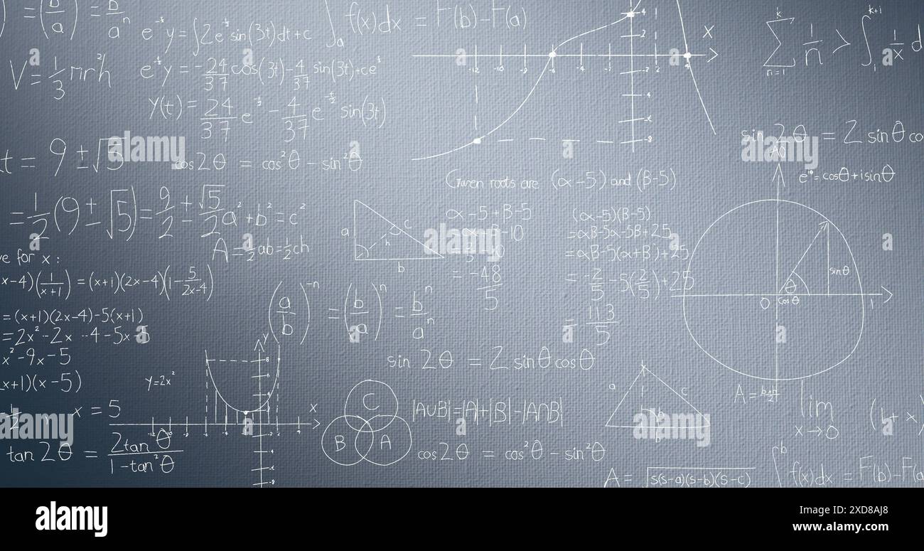 Image of mathematical formulae and data processing over grey background ...