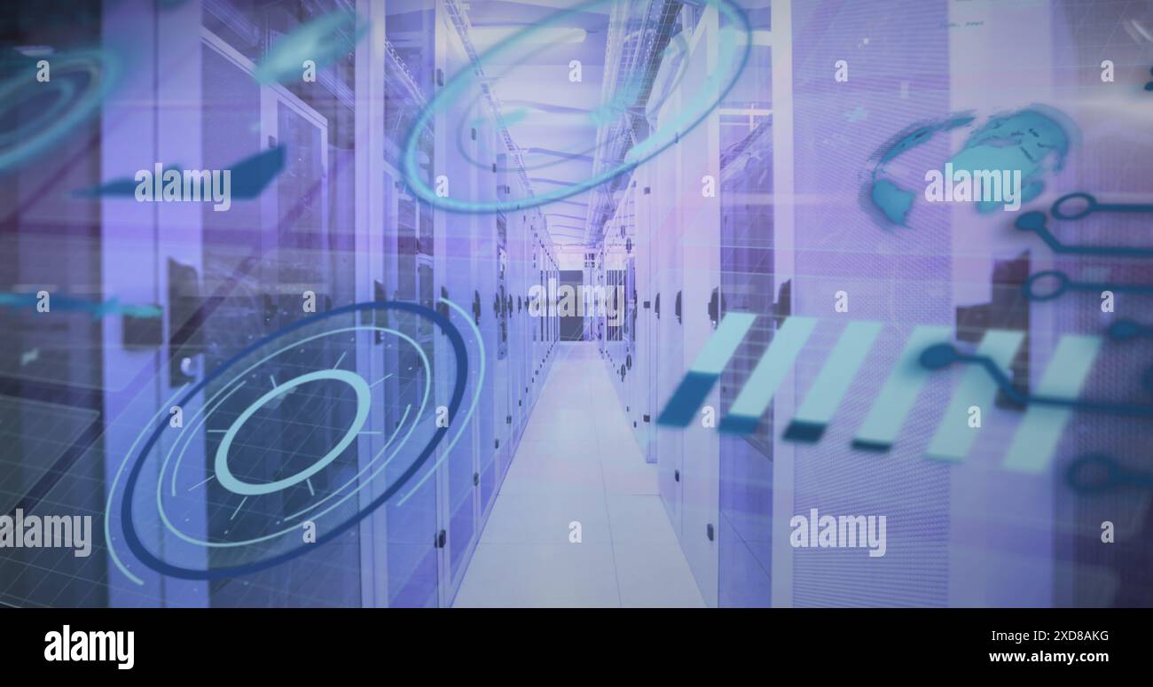 Image of wave patterns over graphs, circles, globe and soundwaves ...