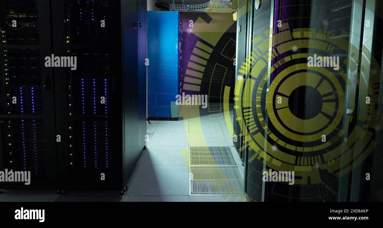 Image of yellow round scanner spinning against computer server room ...