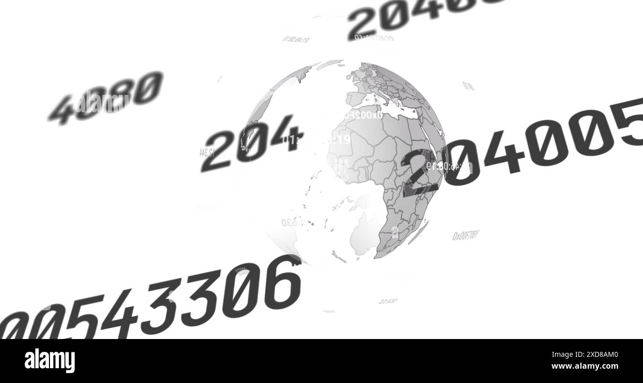 Image of multiple changing numbers over spinning globe against white ...