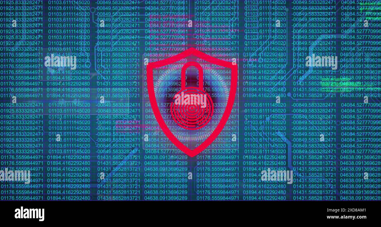 Image of security padlock icon over data processor, round scanner and microprocessor connections ...