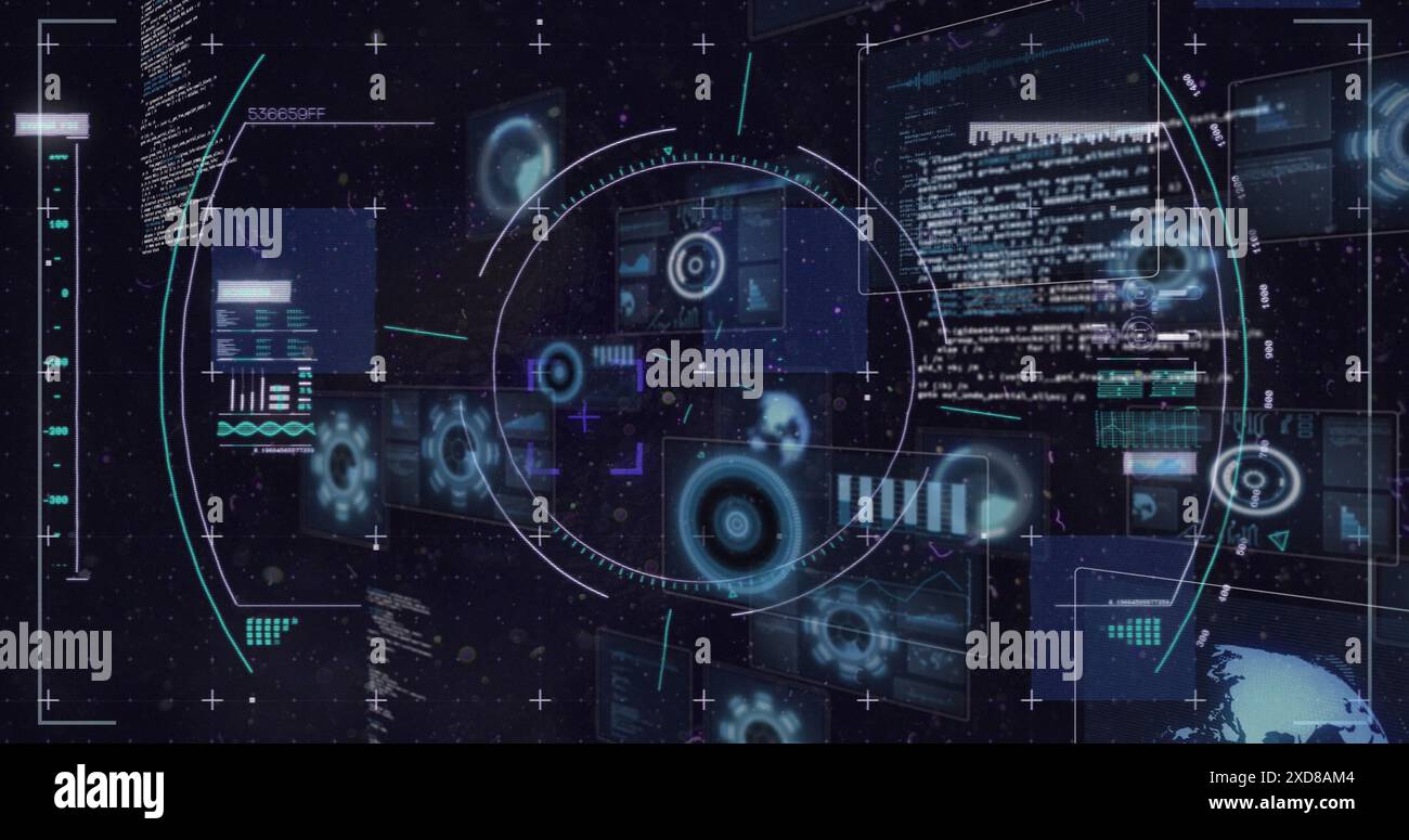 Image of circles over radars, computer language against black ...
