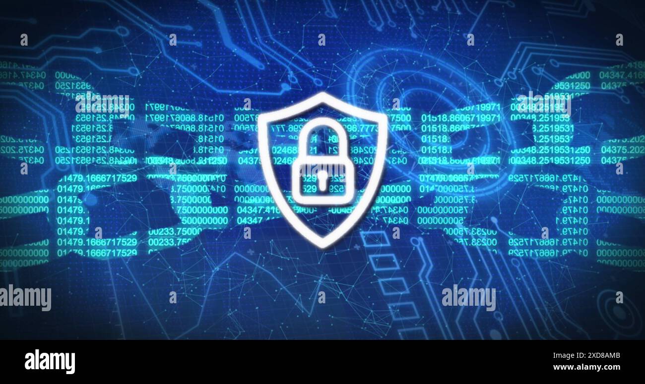 Image of security padlock, shield and chain icon on round scanner and microprocessor connections ...