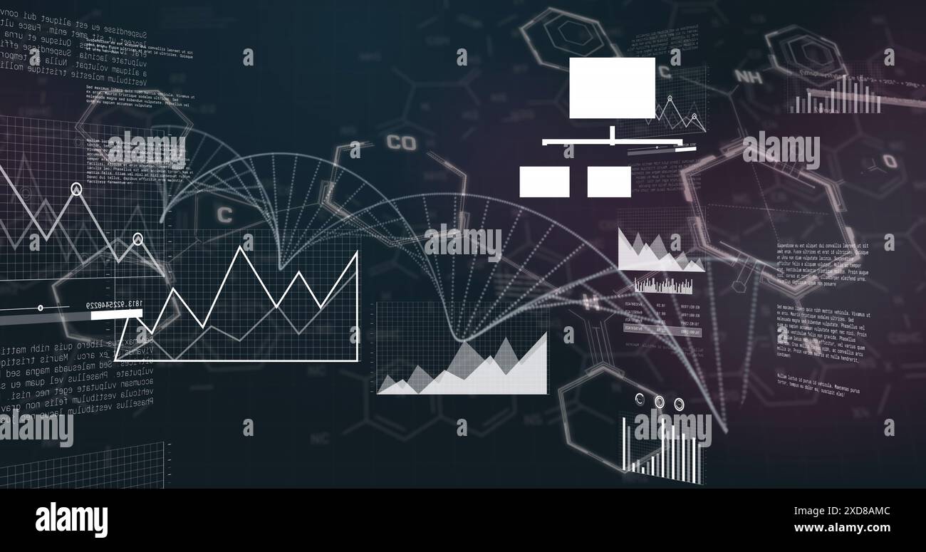 Image of multiple graphs over dna helix and computer language against black background Stock ...