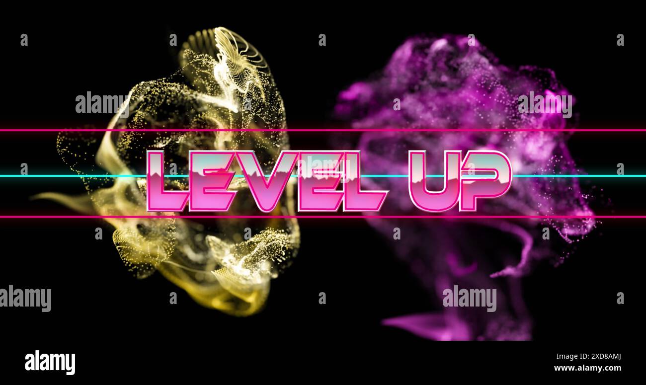 Image of level up text over yellow and pink shapes on black background ...