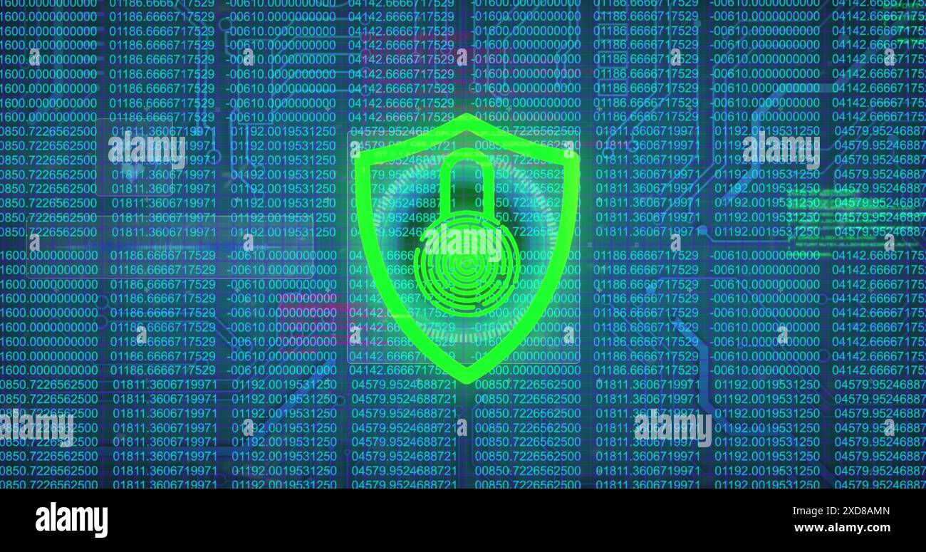 Image Of Security Padlock Icon Over Data Processor Round Scanner And Microprocessor Connections