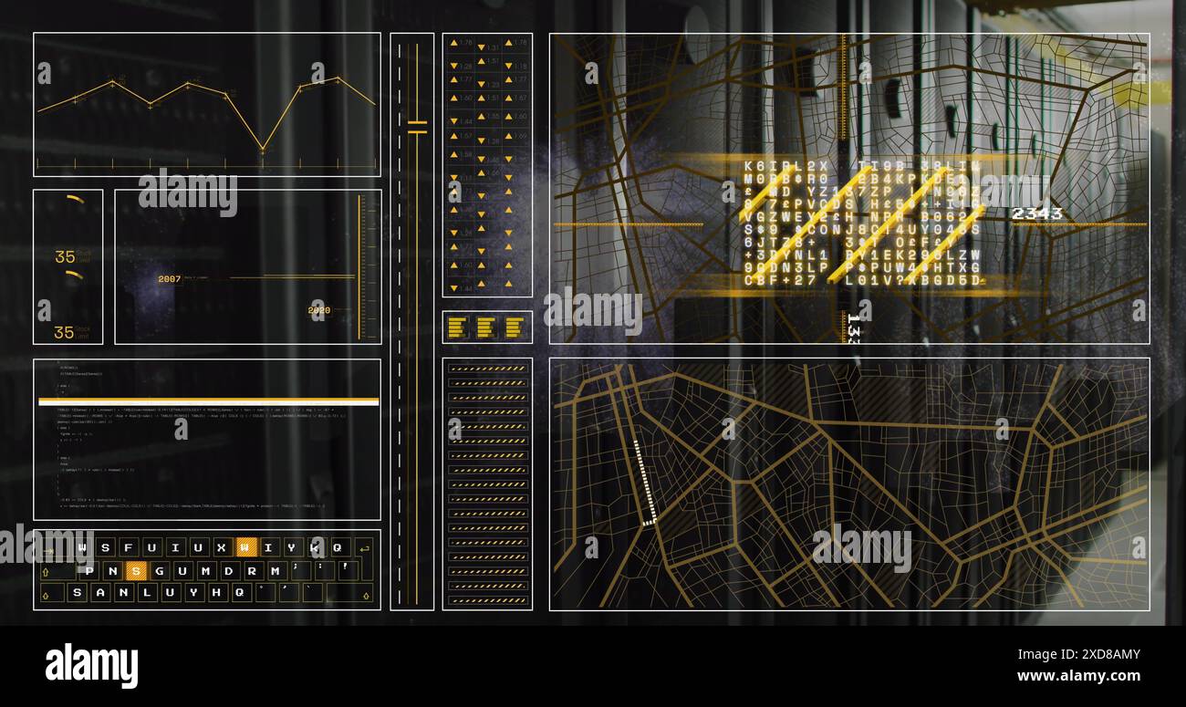 Image of loading circles, changing numbers, navigation pattern, computer language on server room ...