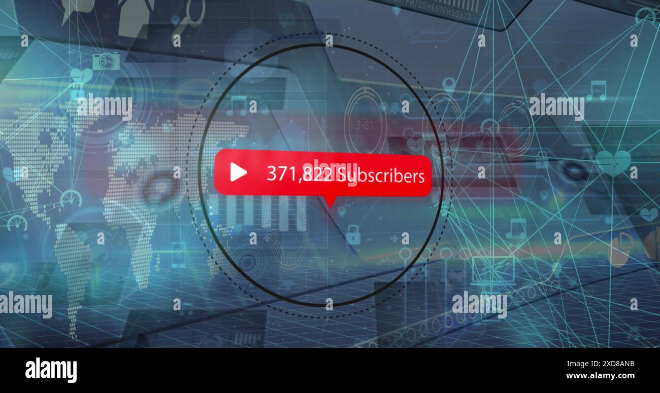 Image of notification label, connected icons forming globes, graphs ...