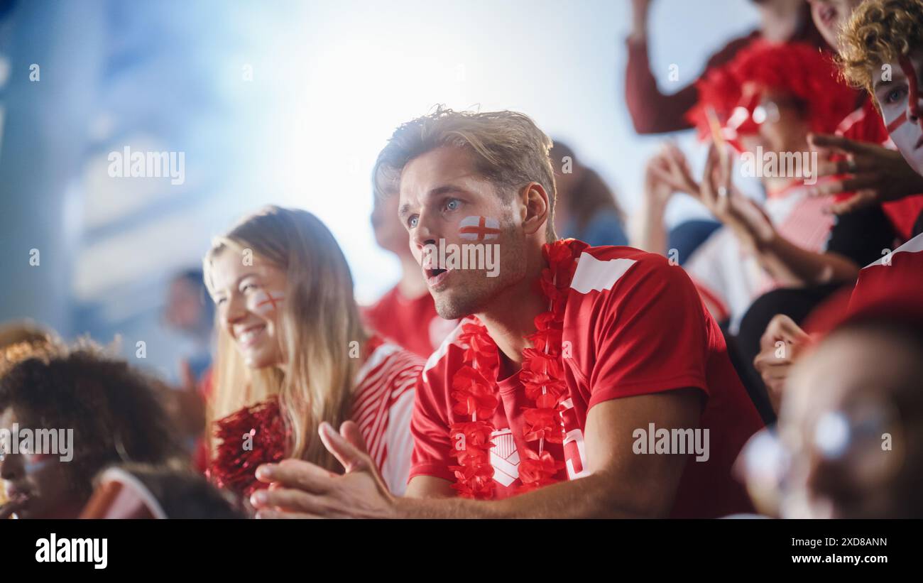 Sport Stadium Big Event: Handsome Man with Painted face Cheering. Crowd ...