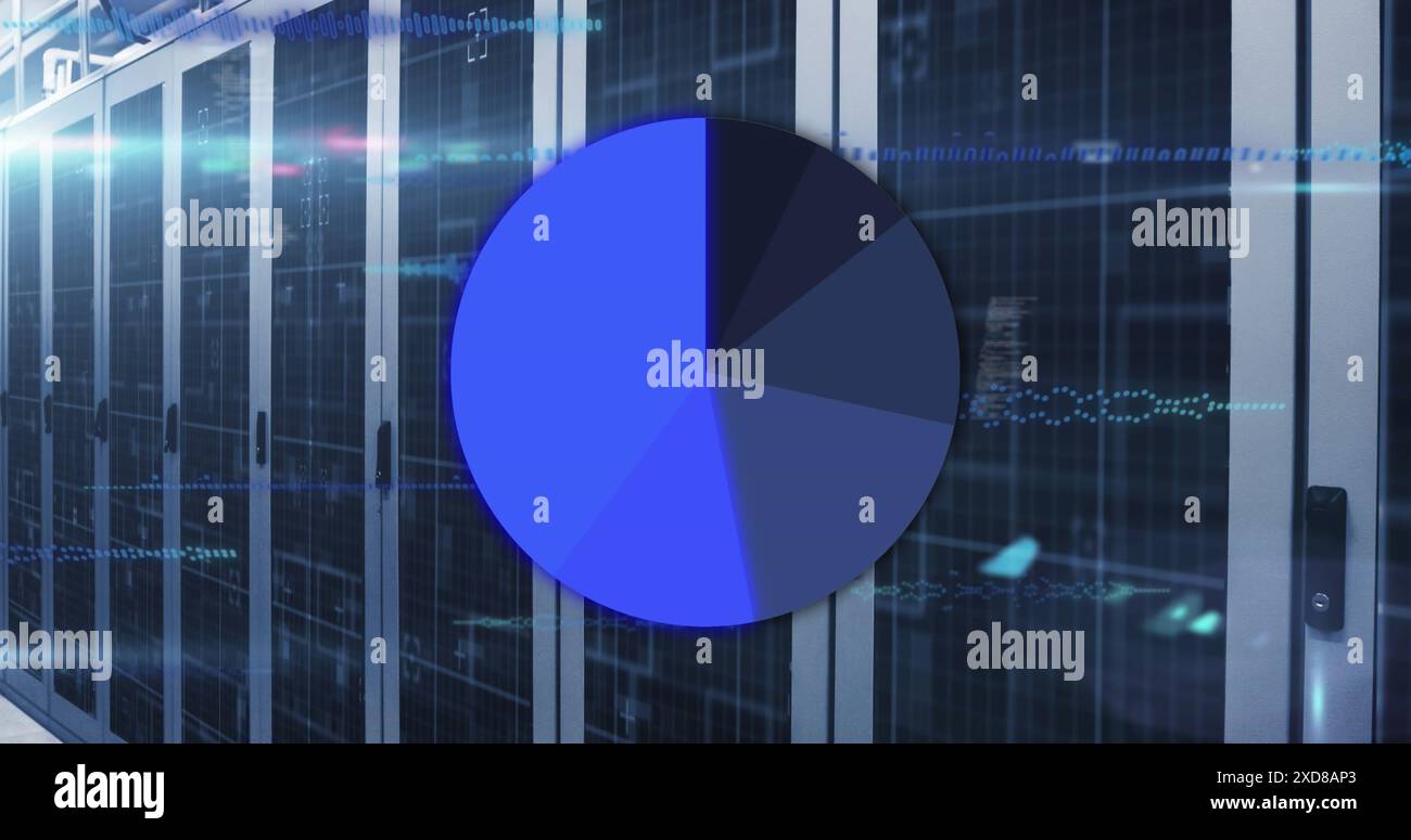 Image of pie chart and data processing against computer server room ...