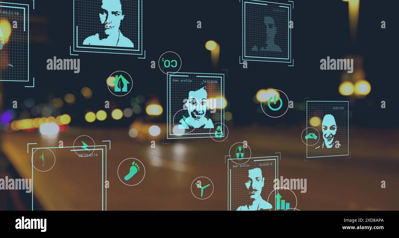 Image of biometric portraits and data processing over cityscape Stock ...