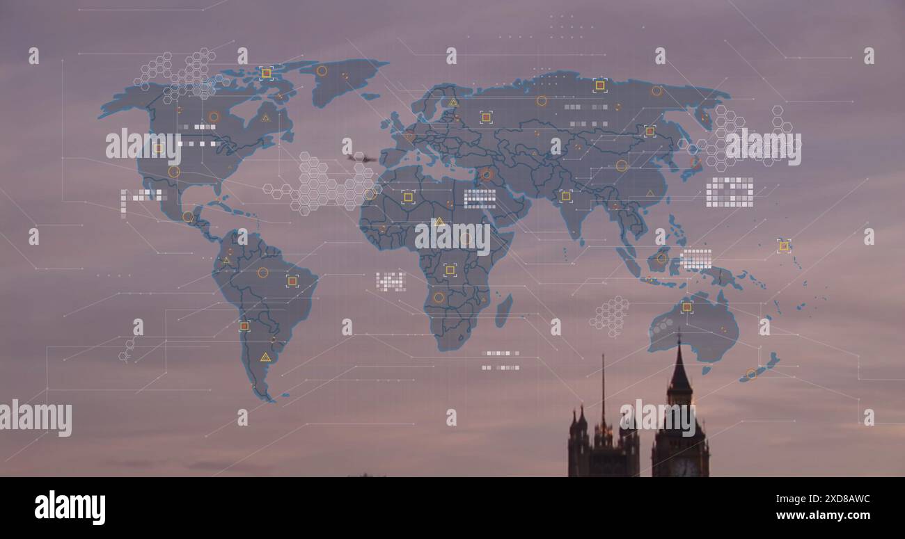 Image of world map and data processing against aerial view of london city Stock Photo - Alamy