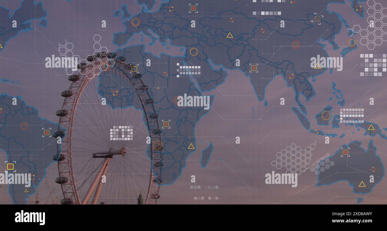 Image of world map and data processing against aerial view of london ...