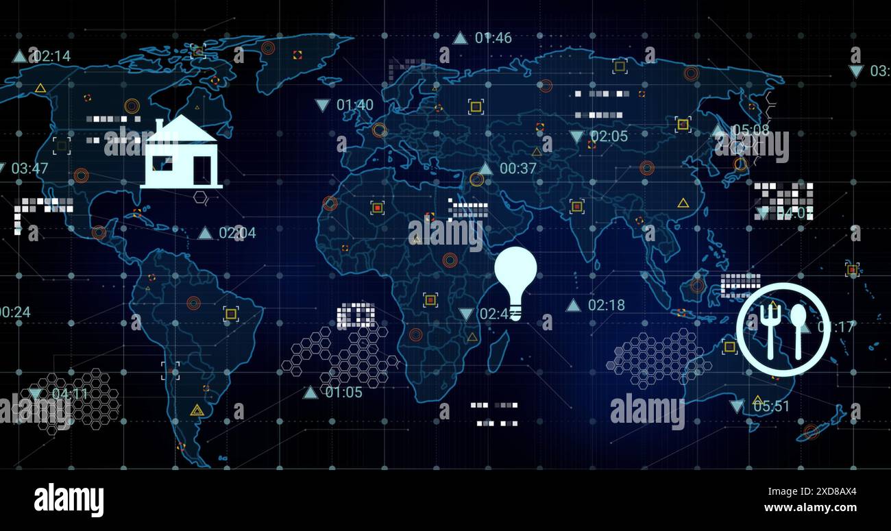 Image of digital icons over grid network against world map on blue ...