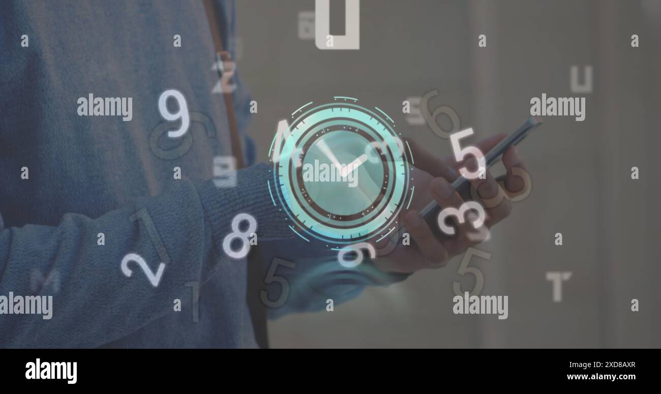Image of ticking clock over changing numbers against mid section of man ...