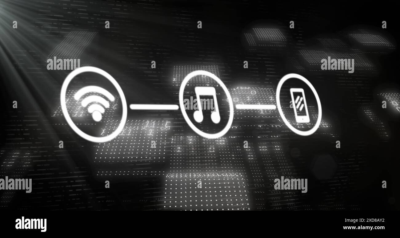 Image Of Icons Connected With Lines Over Binary Codes And Illuminated Dots Forming Squares Stock 