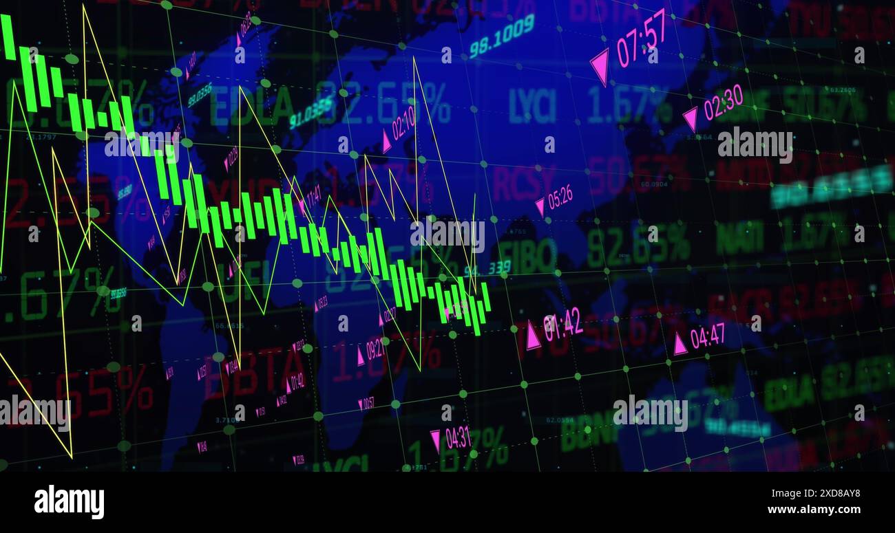 Image of multiple graphs with changing numbers and trading board over map on black background ...