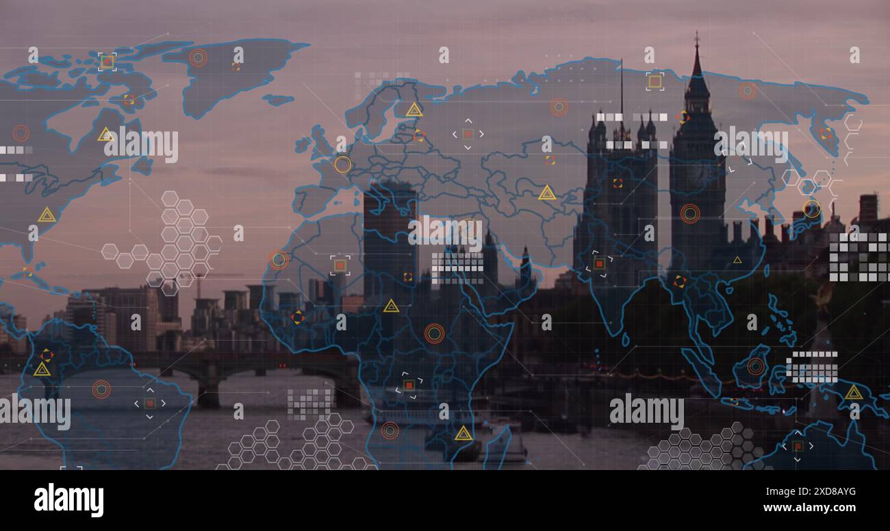 Image of world map and data processing against aerial view of london city Stock Photo - Alamy