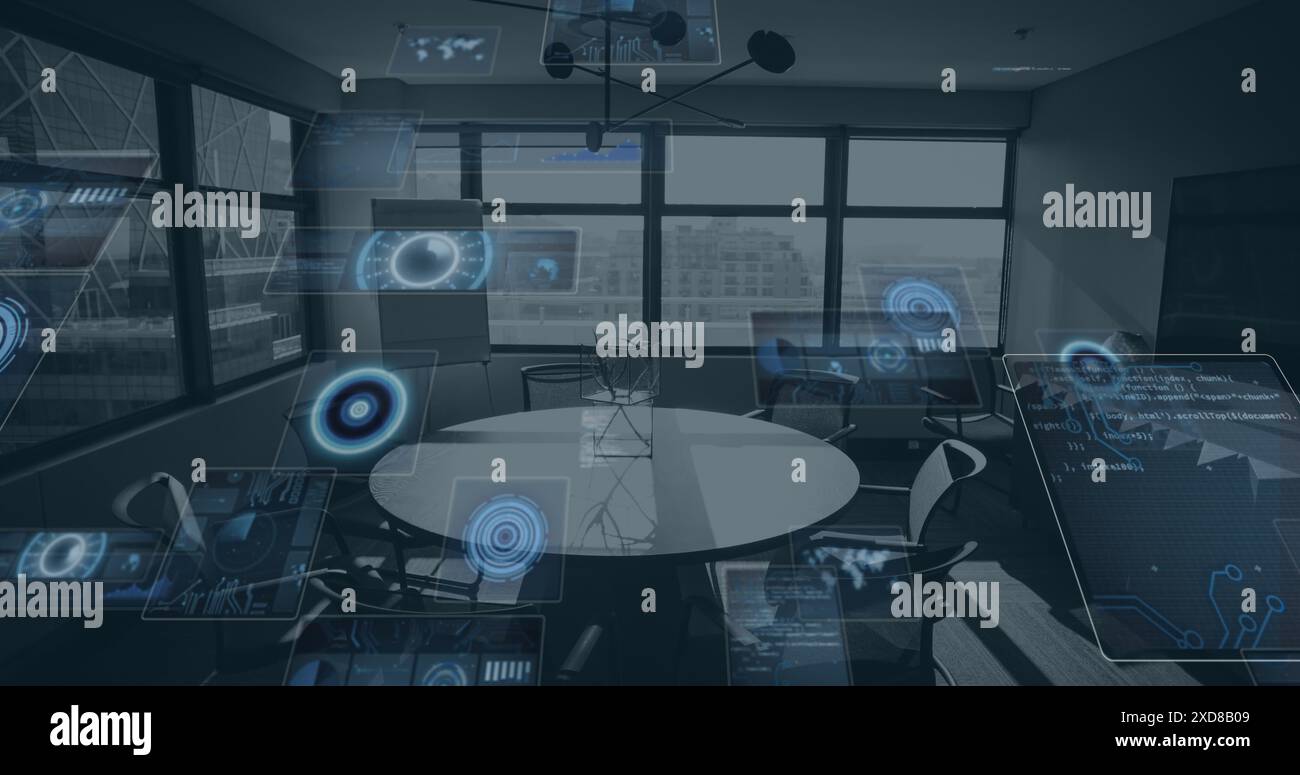 Image of multiple round scanners and data processing against empty office Stock Photo - Alamy