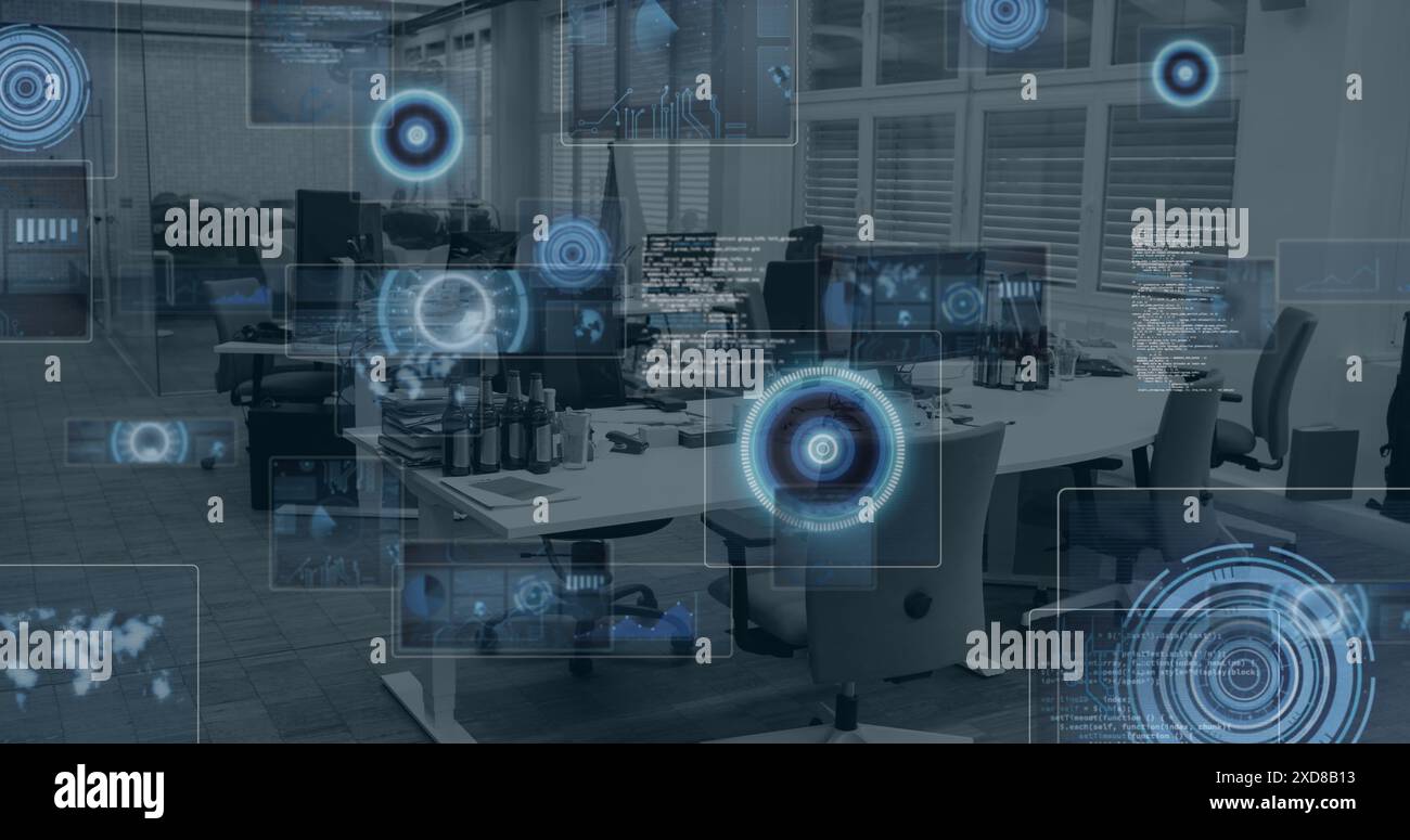 Image of scopes scanning and data processing over office Stock Photo - Alamy