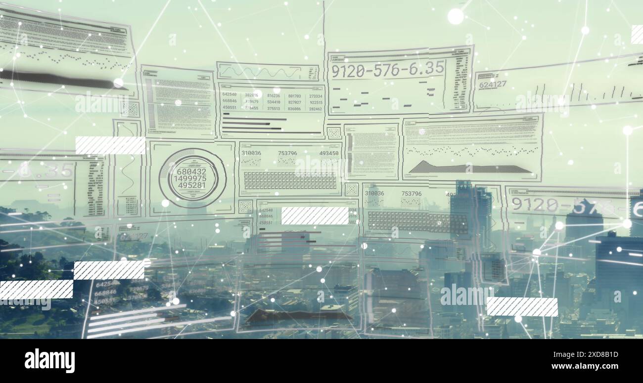 Image Of Interface With Data Processing And Network Of Connections Over Aerial View Of Cityscape