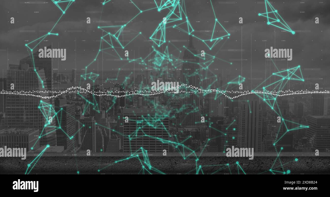 Image of graphs over connected dots forming geometric shapes over modern city against cloudy sky ...