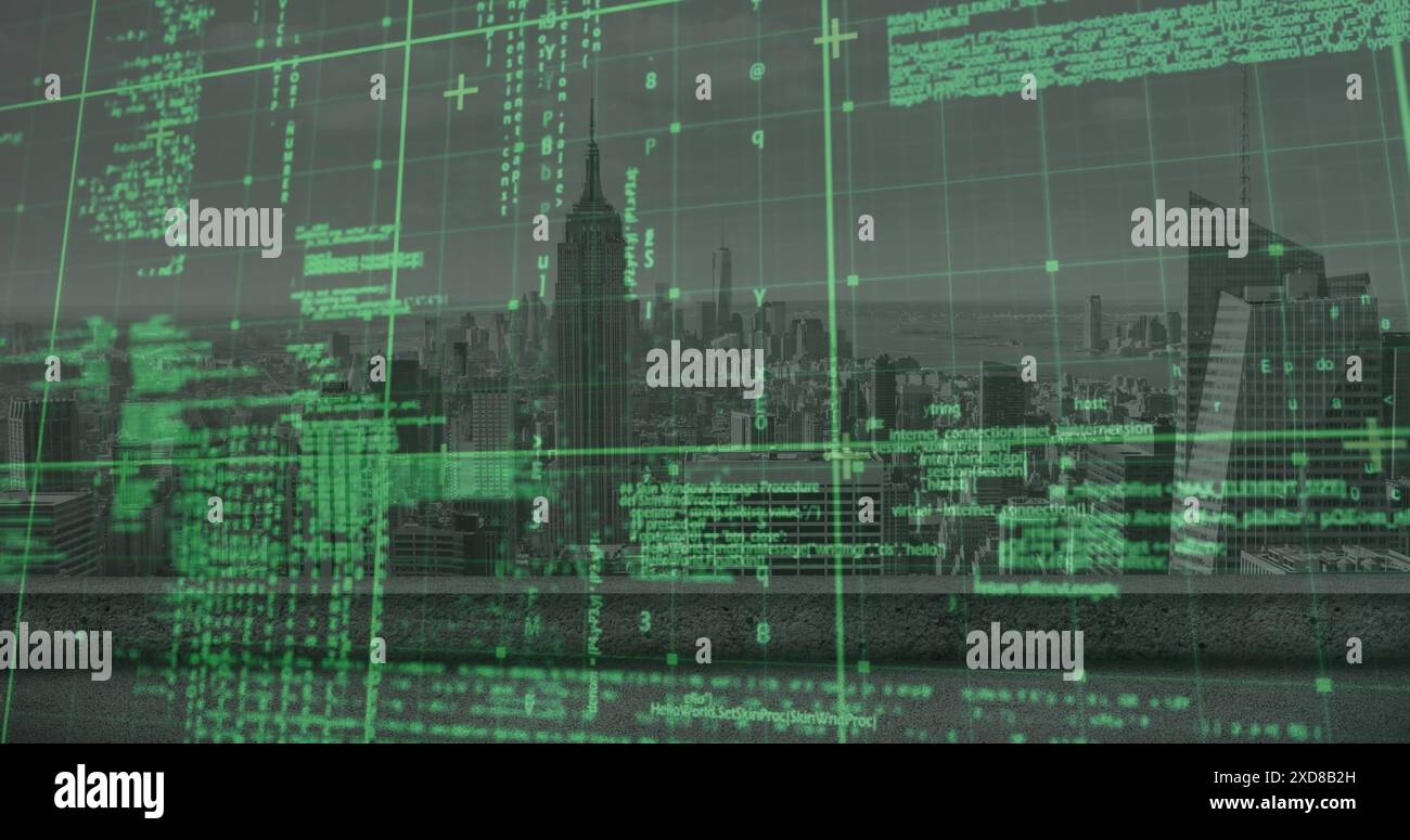 Image of letter, numbers and computer language over modern city against ...
