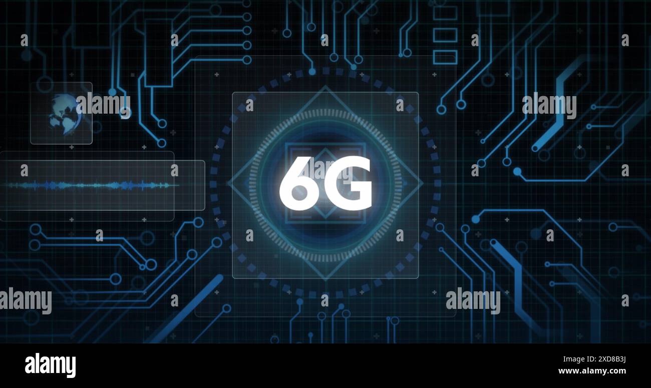 Image of 6g text over round scanner, microprocessor connections and data processing Stock Photo ...