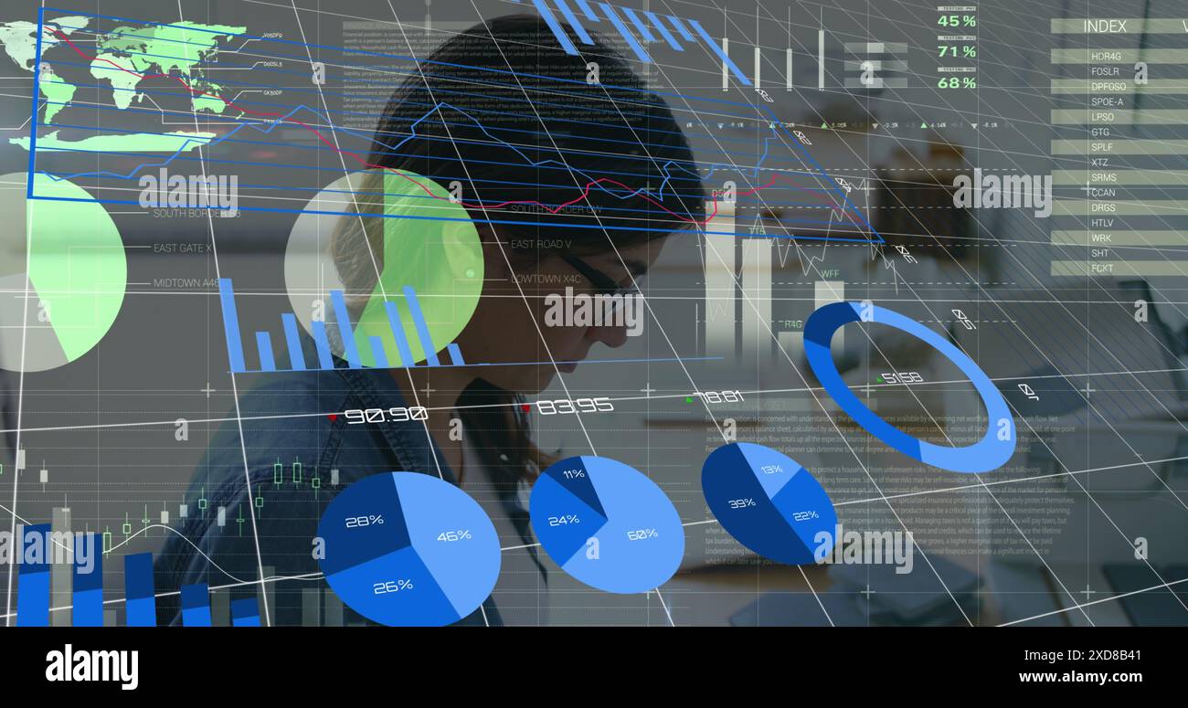 Image of infographic interface over caucasian researcher working in ...