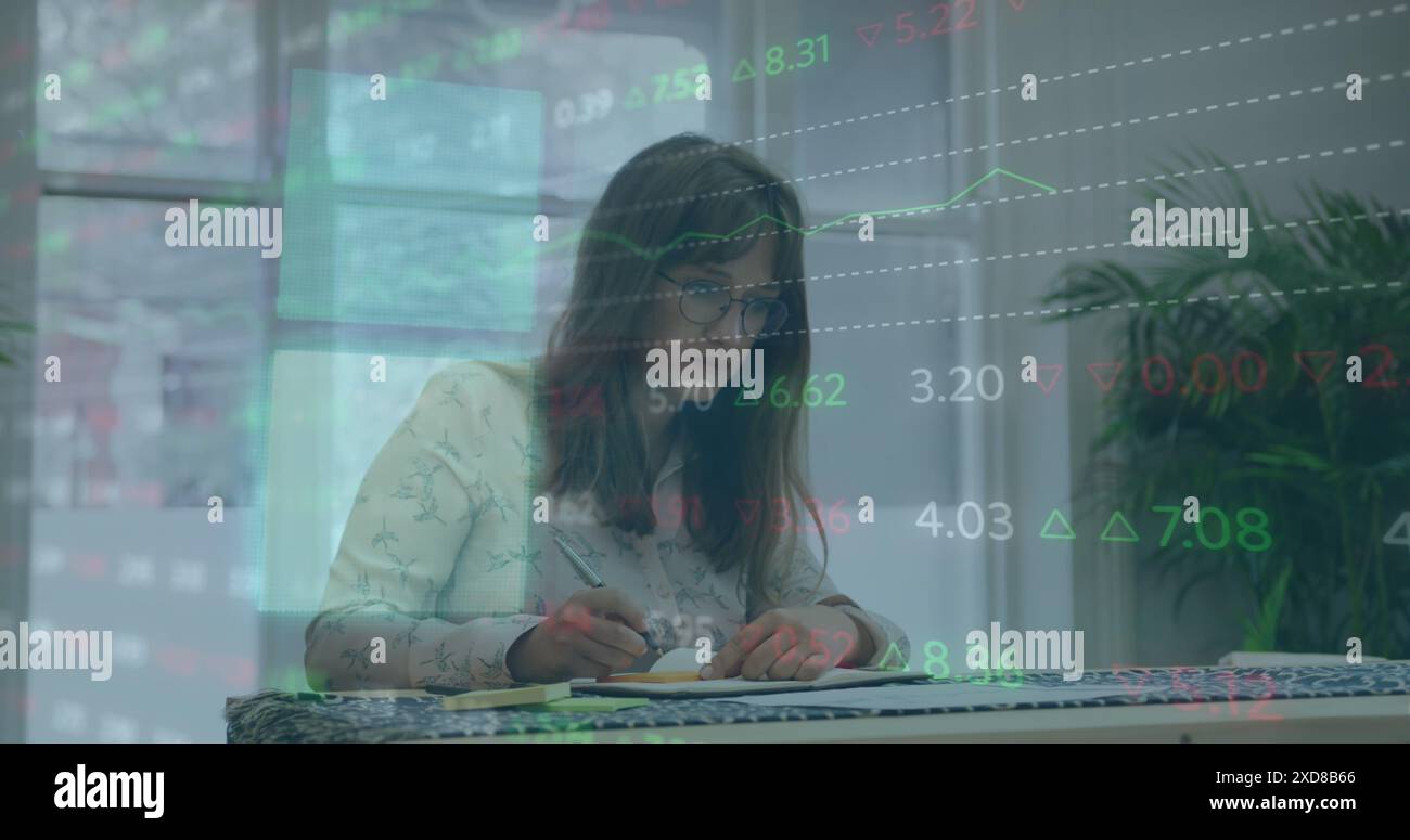 Image of stock market data processing against thoughtful caucasian ...