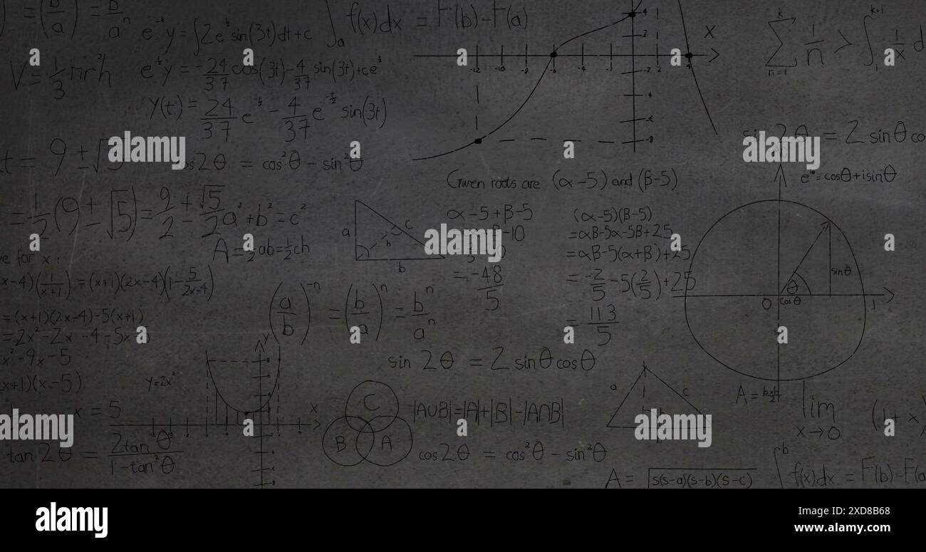 Image Of Mathematical Equations And Formulas Floating Against Textured Grey Background Stock