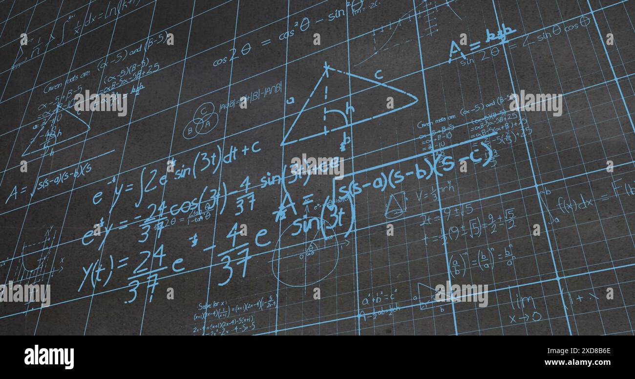 Image of mathematical equations and formulas over grid network against ...