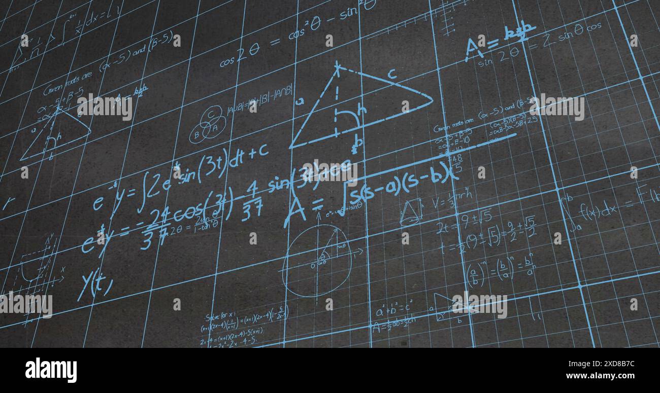 Image of mathematical equations and formulas over grid network against textured grey background ...