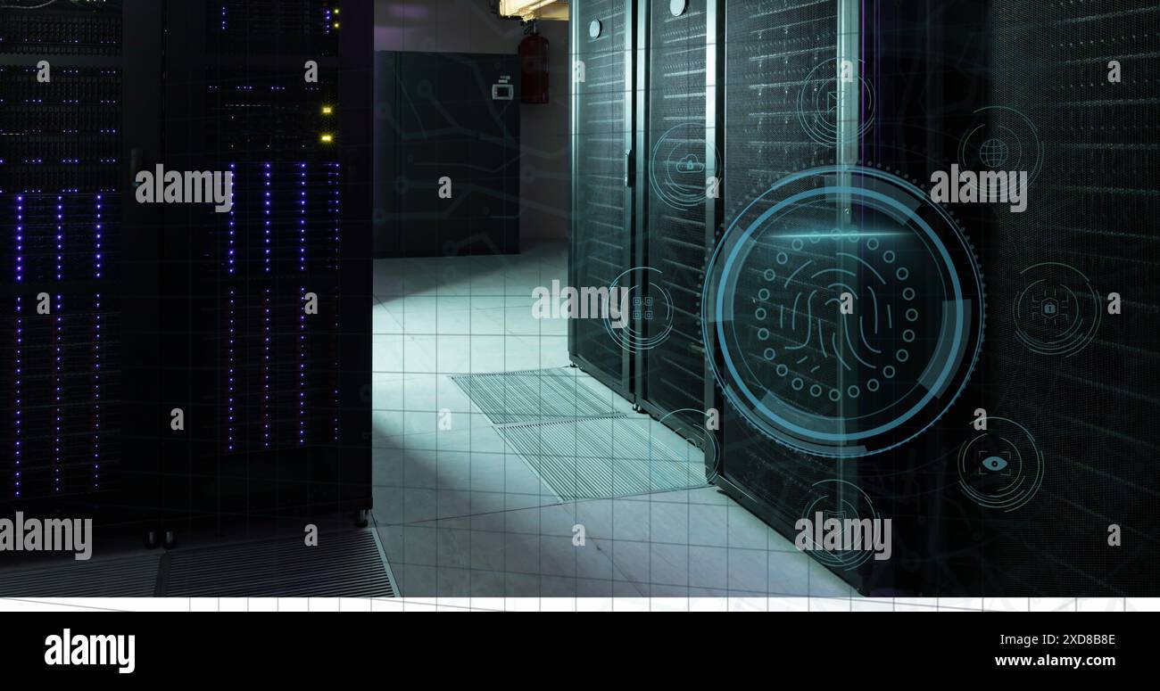 Image of digital icons and fingerprint biometric scanner against ...