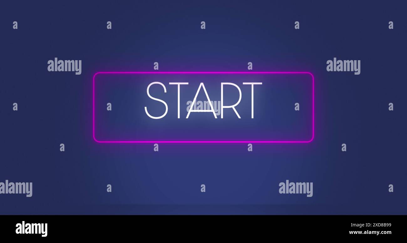 Image of start text over neon purple banner against blue background ...
