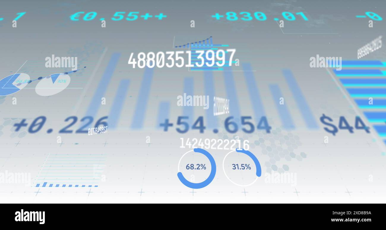 Image of changing numbers and statistical data processing against grey gradient background Stock ...