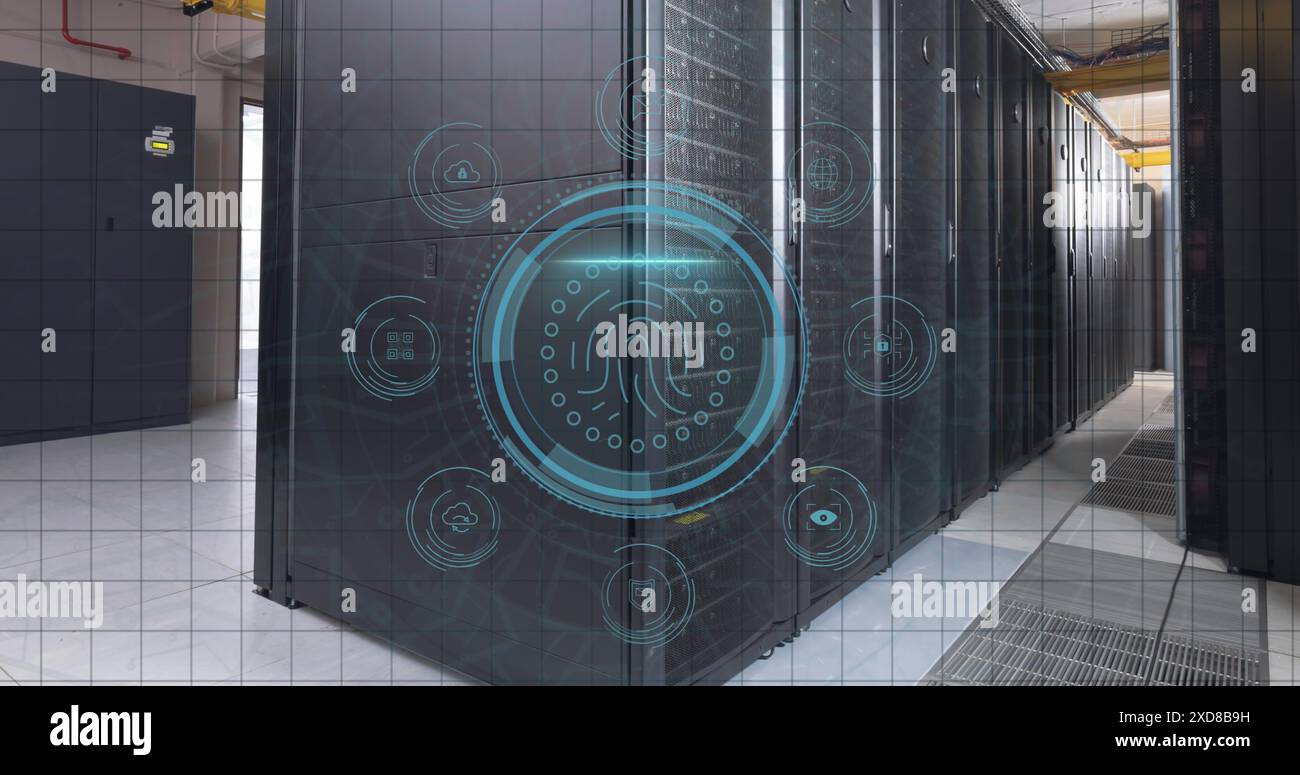 Image of digital icons and fingerprint biometric scanner against ...