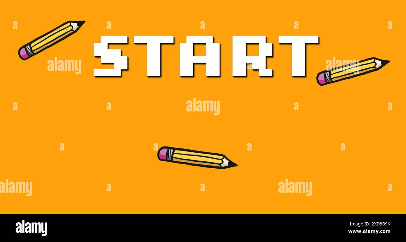 Image of start text and pencil school icons over orange background ...