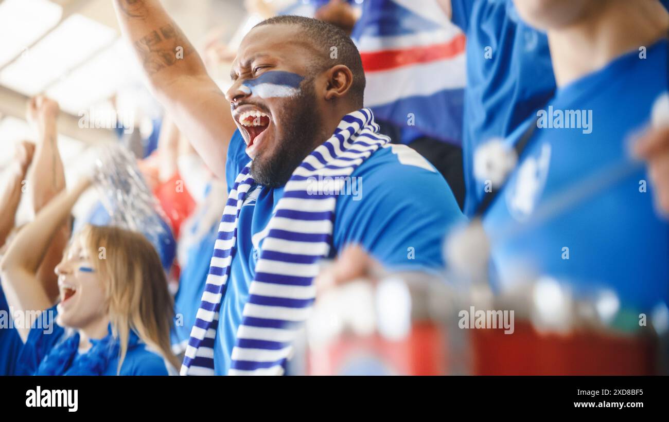 Sport Stadium Big Event: Handsome Black Man Cheering. Crowd of Fans ...