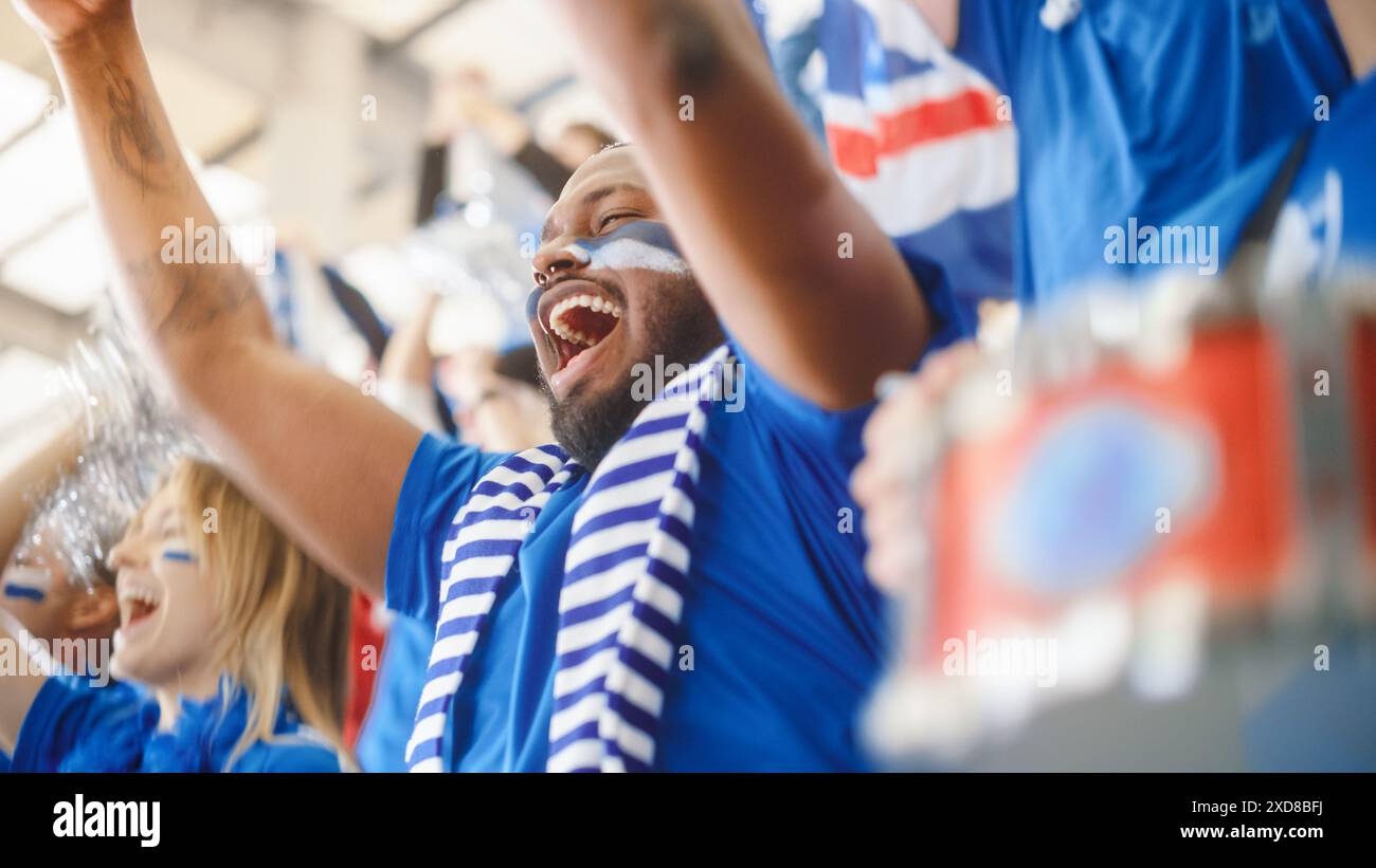 Sport Stadium Big Event: Handsome Black Man Cheering. Crowd of Fans ...