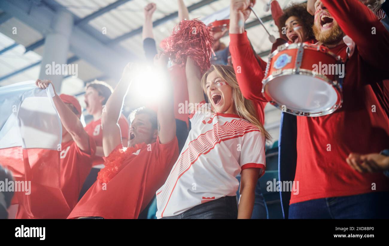 Sport Stadium Event: Crowd of Fans Cheer for their Red Soccer Team to ...