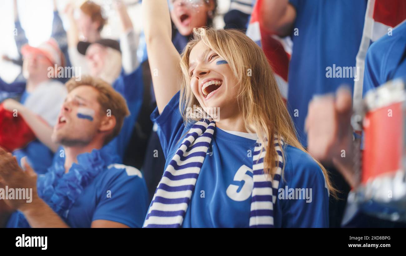 Sport Stadium Big Event: Beautiful Cheering Girl. Crowd of Fans with ...