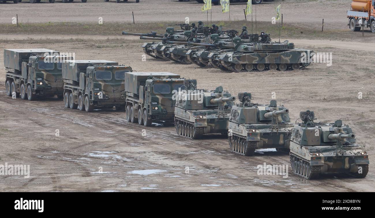 21st June, 2024. Tanks, howitzers, rocket launchers at drill South Korean-made K1E1 tanks, K9 ...