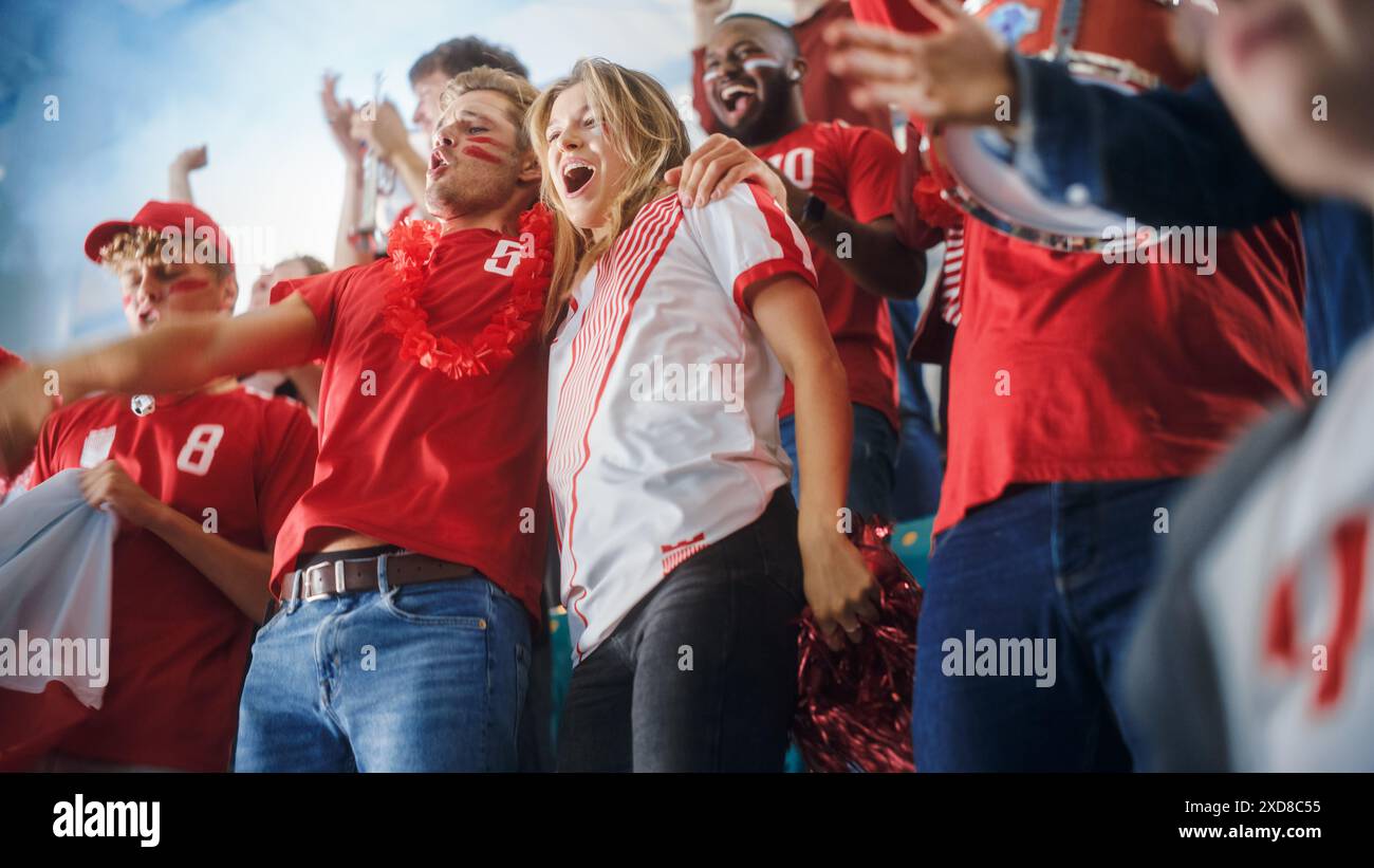 Sport Stadium Big Event: Crowd of Fans Cheer for Red Soccer Team to Win ...