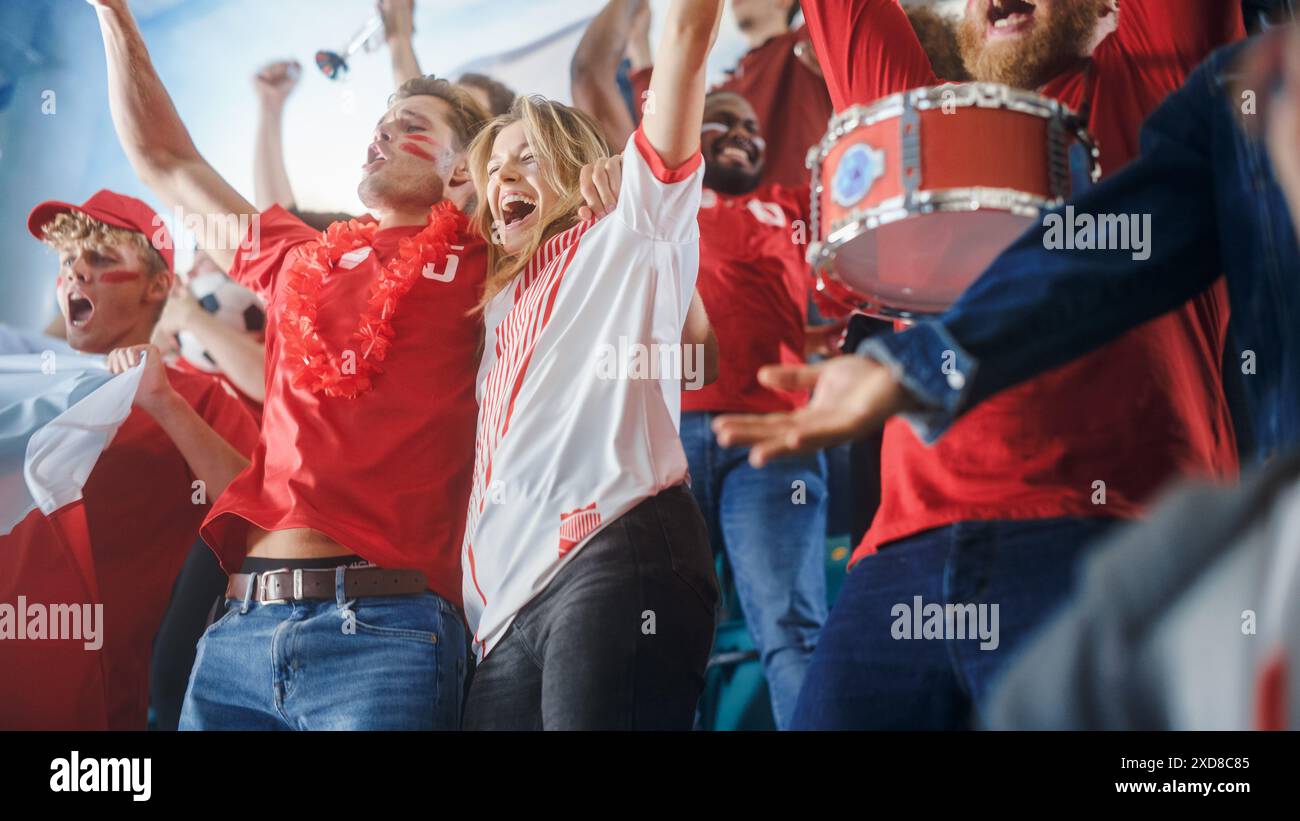 Sport Stadium Big Event: Crowd of Fans Cheer for Red Soccer Team to Win ...