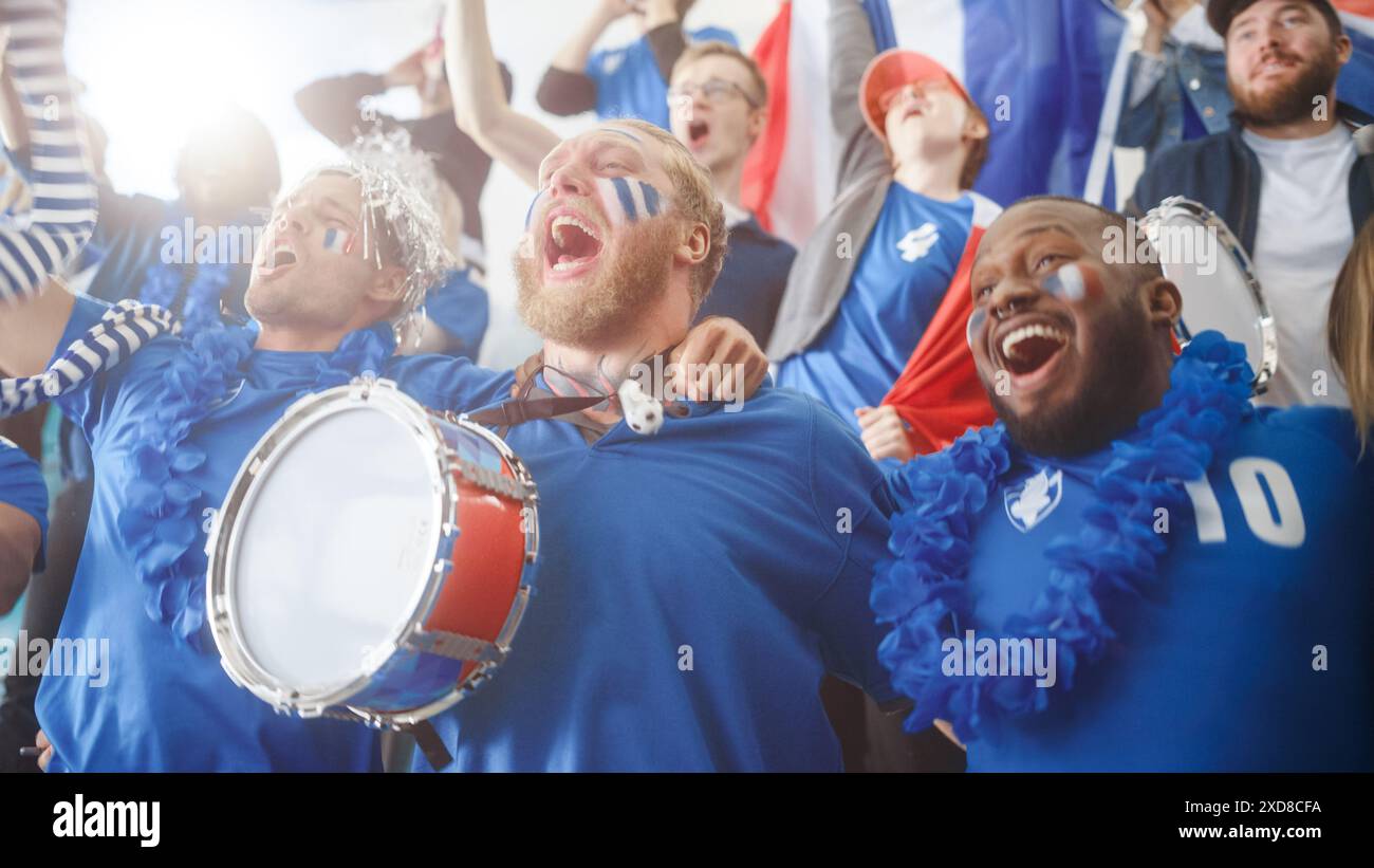 Sport Stadium Big Event: Three Diverse Fans with Painted Faces Cheering ...