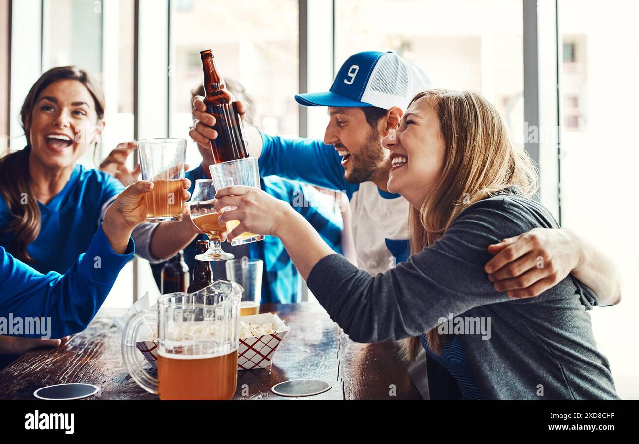 Sports, fans and toast with drinks for celebration, support and people ...
