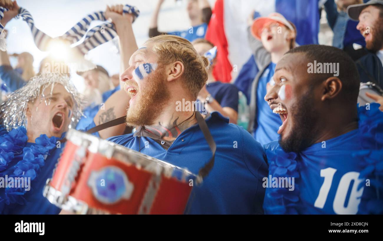 Sport Stadium Big Event: Three Diverse Fans with Painted Faces Cheering ...