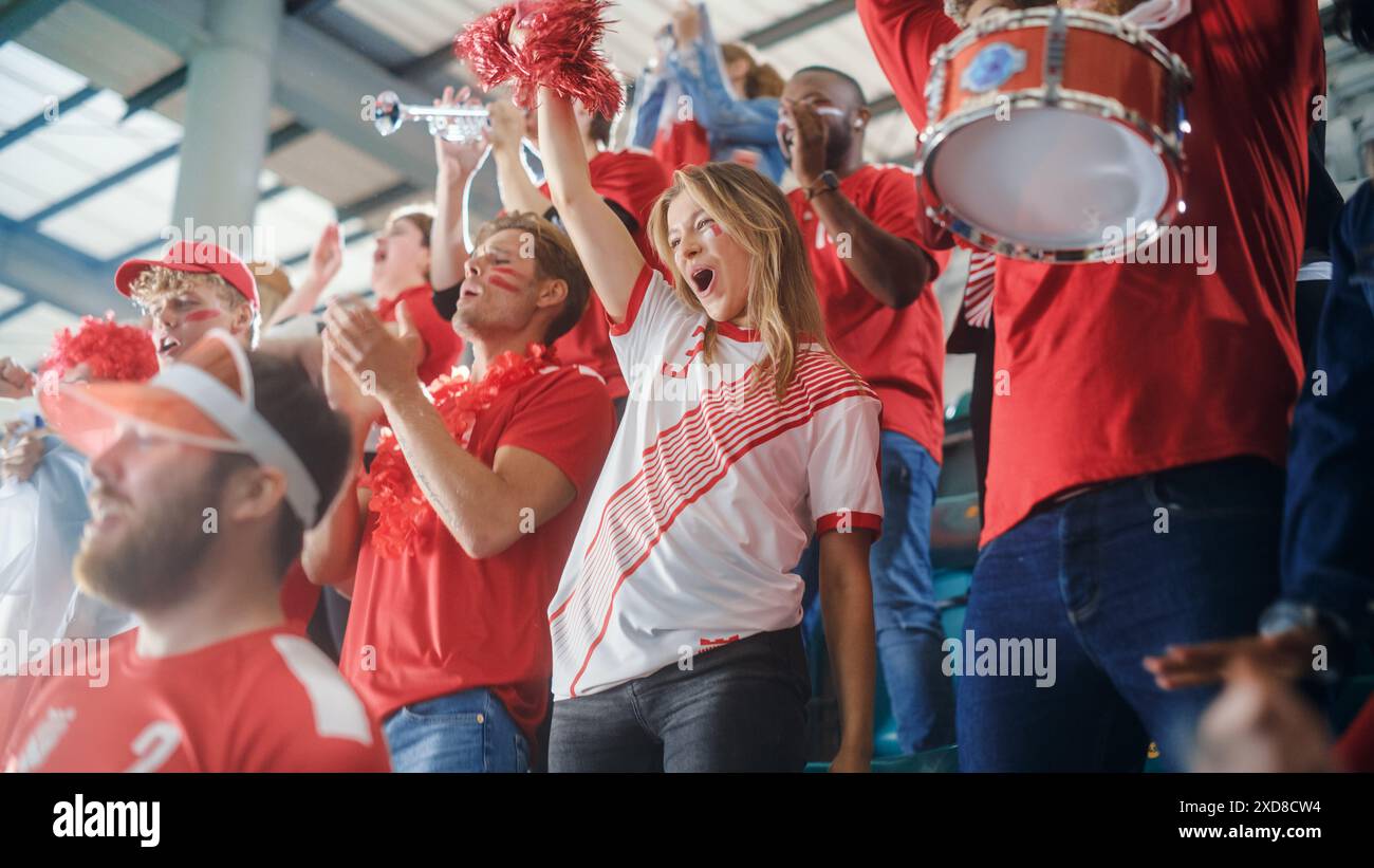 Sport Stadium Big Event: Crowd of Fans Cheer for Red Soccer Team to Win ...